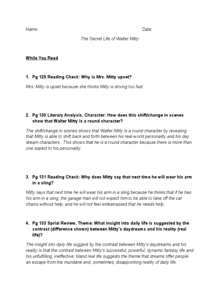 The Secret Life of Walter Mitty With Answers | PDF | Psychological ...