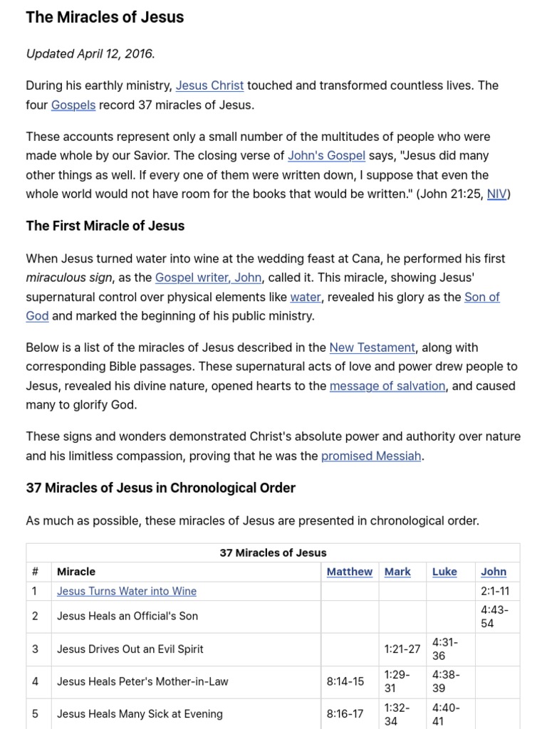 37 Miracles of Jesus in Chronological Order | PDF | Miracle | Ministry ...