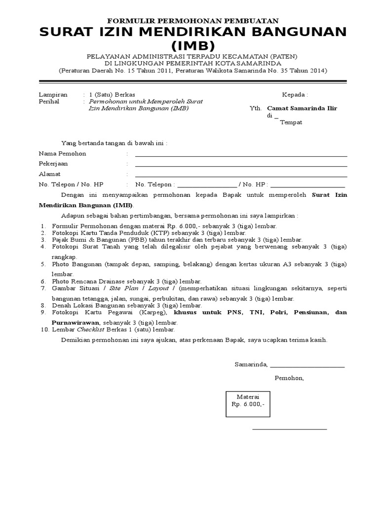 Formulir Permohonan Pembuatan Surat IMB | PDF