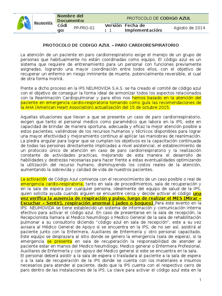 Protocolo de Código Azul en Neumovida | PDF | Reanimación ...