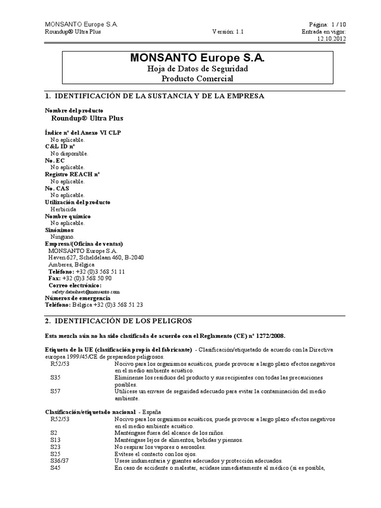 Ficha Datos Seguridad-roundup Ultra Plus (16948) | Agua | Contaminación