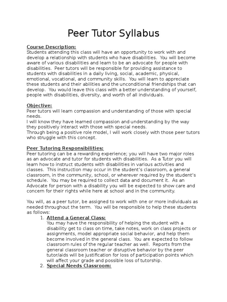 l06 Peer Tutor Syllabus | PDF | Special Education | Tutor