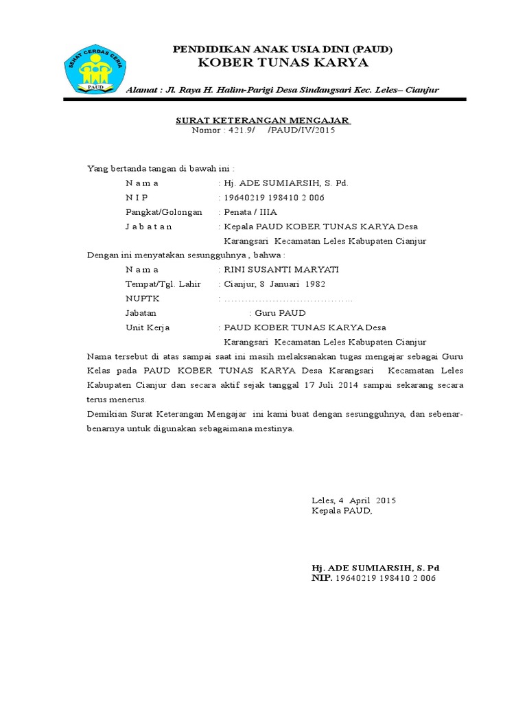 Contoh Surat Ijin Untuk PAUD | PDF | Karier & Perkembangan | Olahraga ...