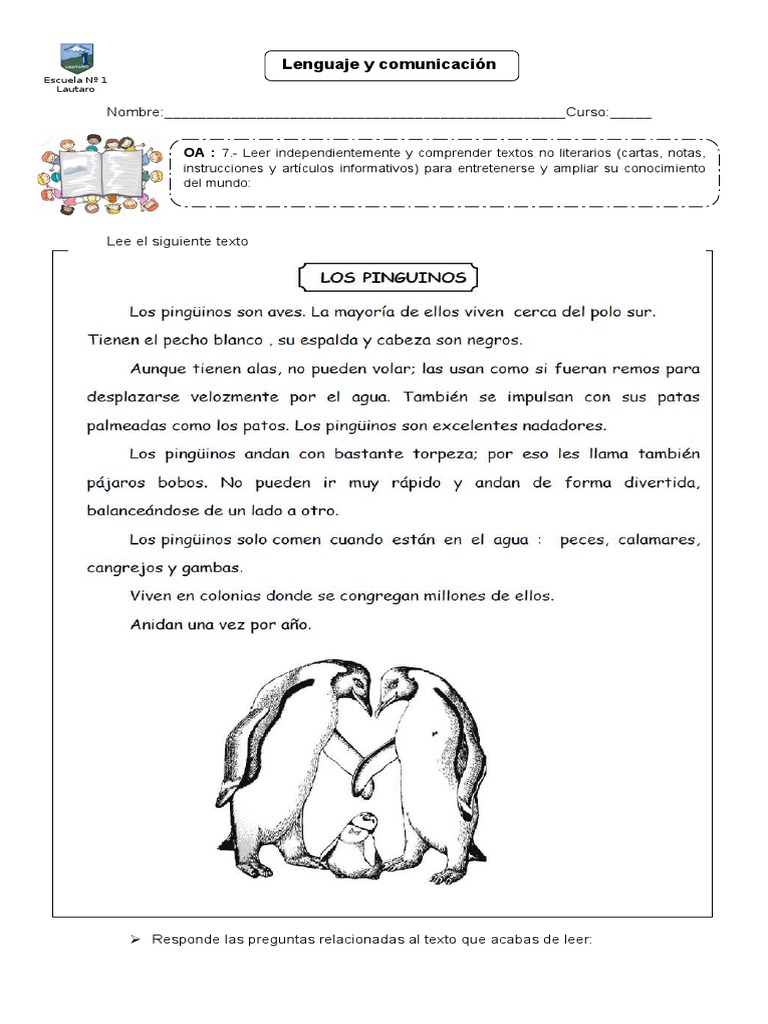 Comprensión Lectora: Los Pingüinos | PDF | Artes del Lenguaje y ...