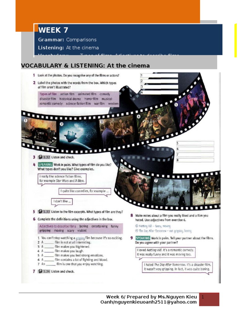 Week 7: Vocabulary & Listening: at The Cinema | PDF