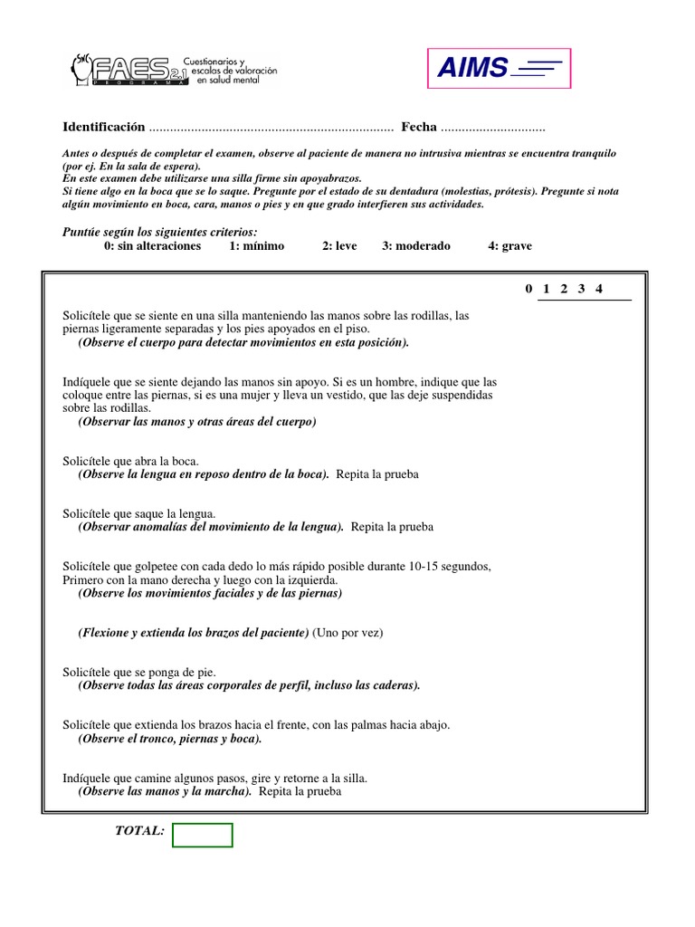 Evaluación de Movimientos Involuntarios AIMS | PDF