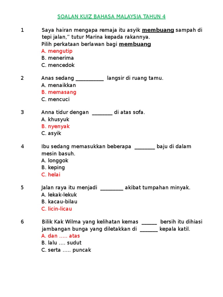 Soalan Kuiz BM Tahun 4 | PDF | Griya & Taman | Gaya Hidup