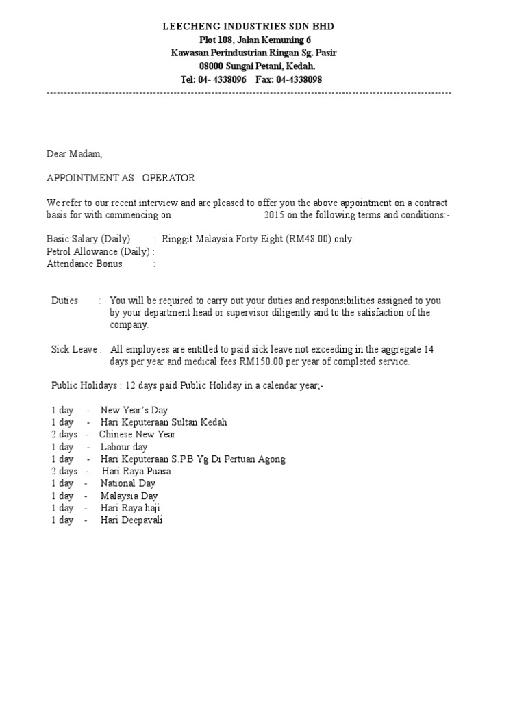 Appointment Letter - Operator | Labor | Employee Relations