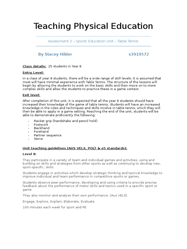 Unit Plan - Table Tennis | PDF | Table Tennis | Educational Assessment