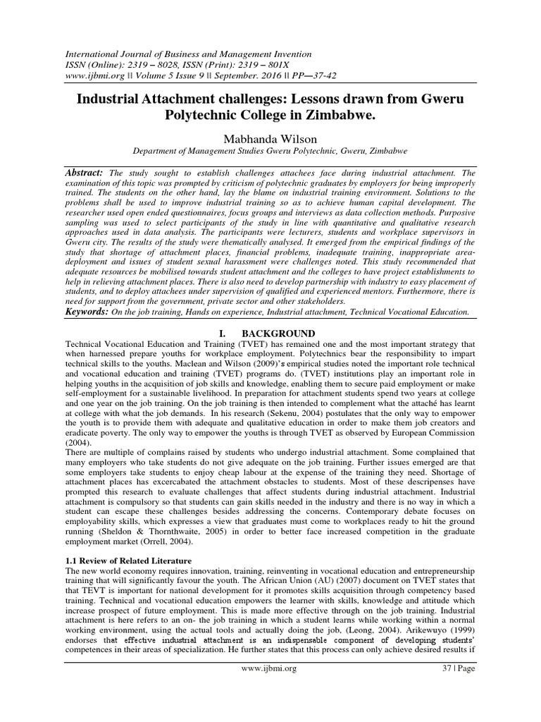 Industrial Attachment Challenges: Lessons Drawn From Gweru Polytechnic ...