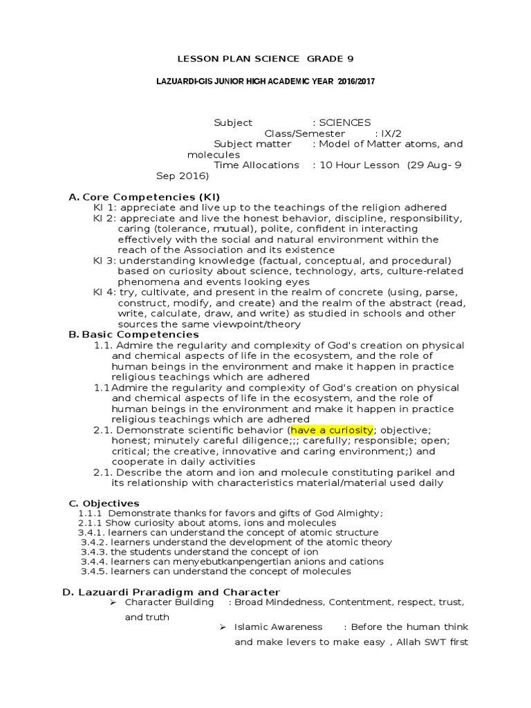 LESSON PLAN SCIENCE GRADE 9 Bab 3 Atoms and Molecules Adn Ion | PDF ...