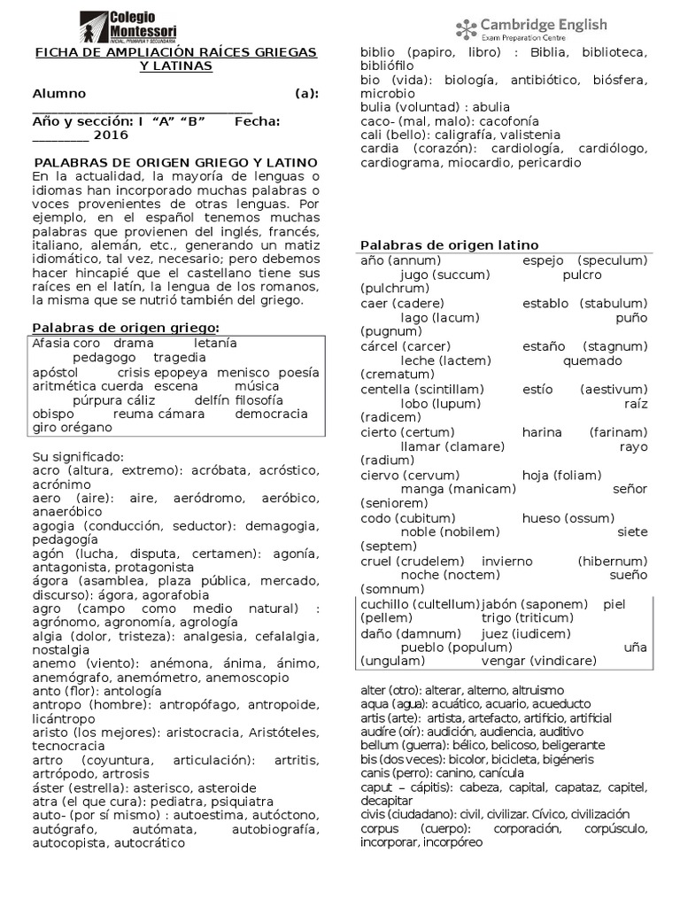 Ficha Ampliación RAÍCES GRIEGAS Y LATINAS PRIMEROOOOO | PDF