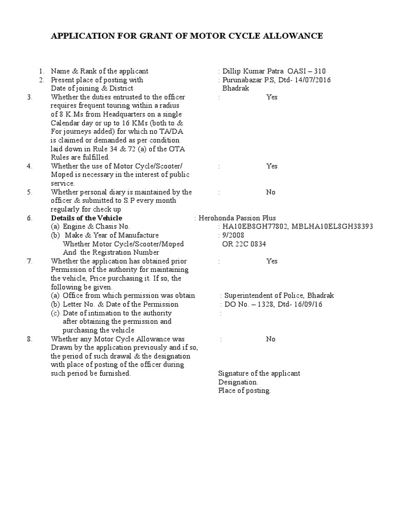 Application For Grant of Motor Cycle Allowance | PDF