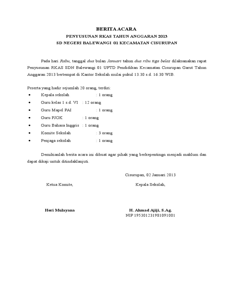Contoh Berita Acara Penyusunan Rkas by Efullama | PDF