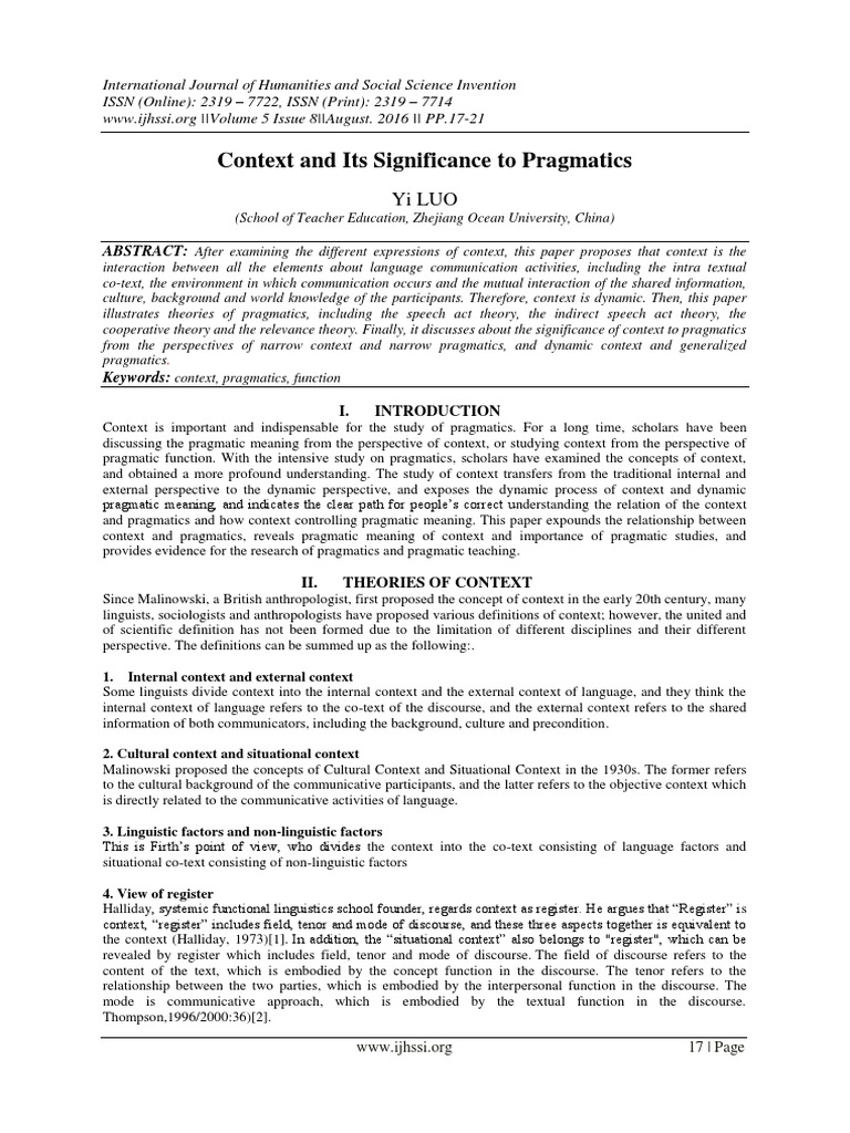 Context And Its Significance To Pragmatics Pdf Communication Discourse