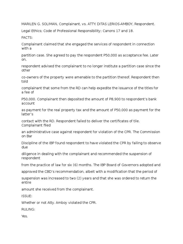 Marilen G. Soliman vs. Atty. Ditas Lerios-Amboy | PDF | Legal Ethics ...
