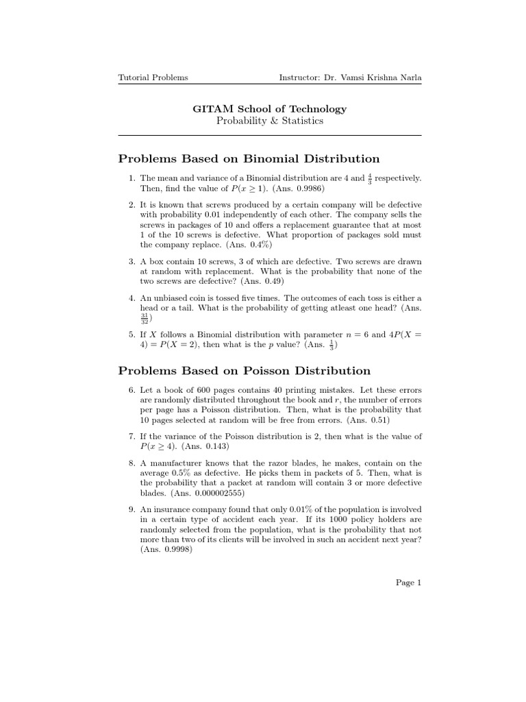 Binomial and Poisson distribution problems | PDF | Variance | Normal Distribution