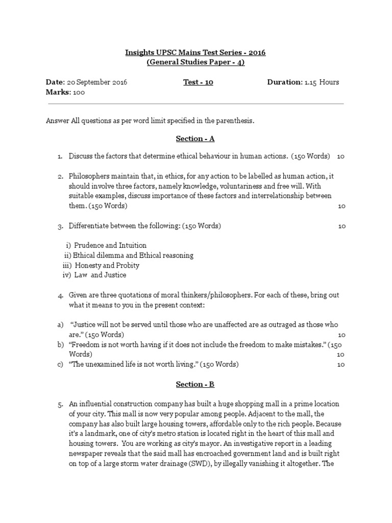 UPSC GS4 Ethics Paper 2016 Insights | PDF | Free Will | Social Institutions