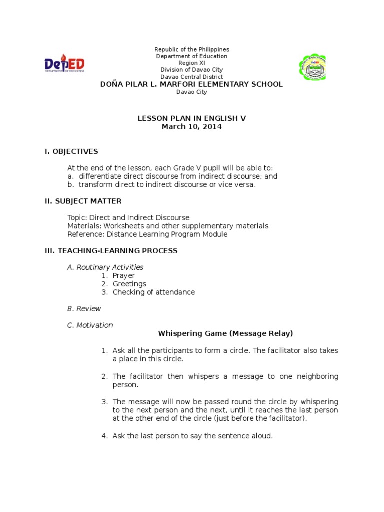 Direct and Indirect Discourse | PDF | Lesson Plan | Teaching