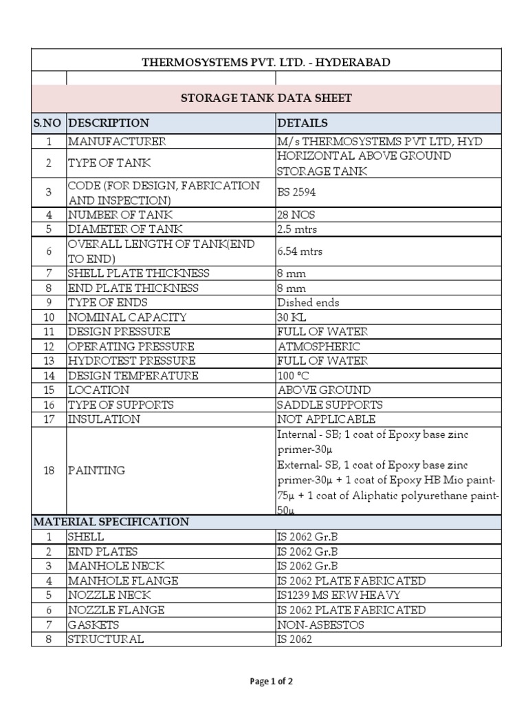 Thermosystems Pvt. Ltd. - Hyderabad Storage Tank Data Sheet: Page 1 of ...