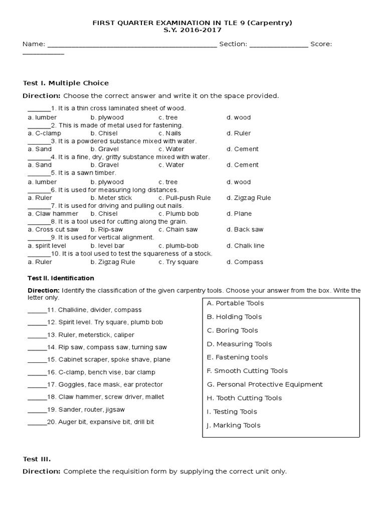 TLE 9 1st Quarter Exam With Answer Key | PDF | Lumber | Manmade Materials