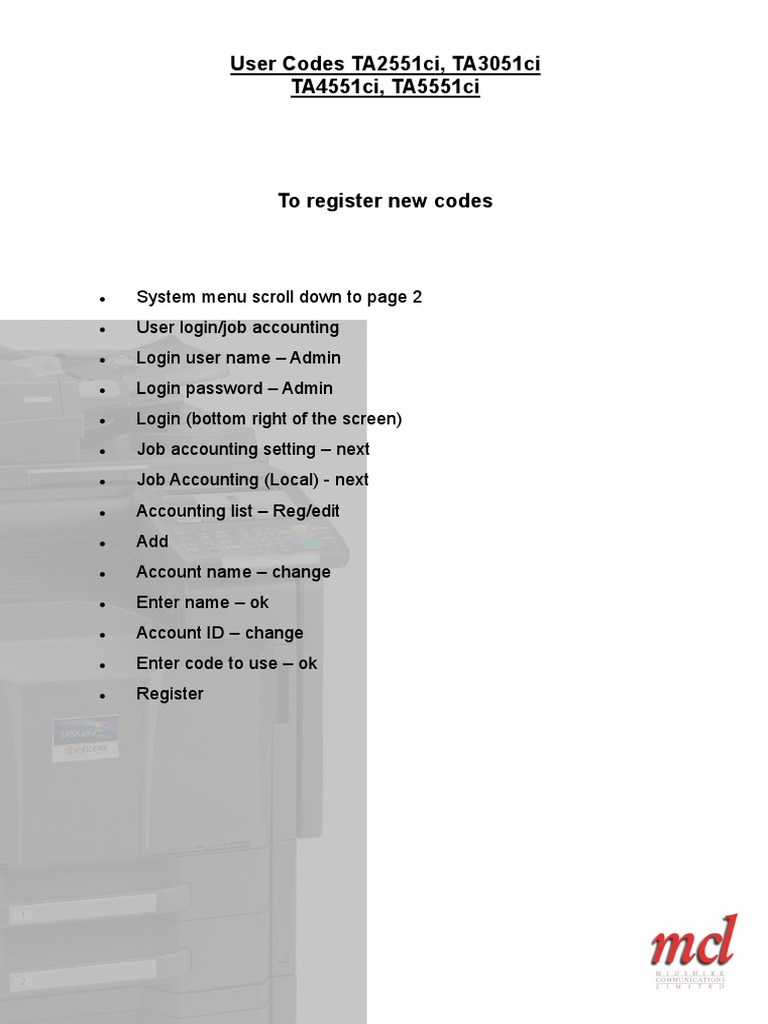 User Codes Kyocera Taskalfa Devices