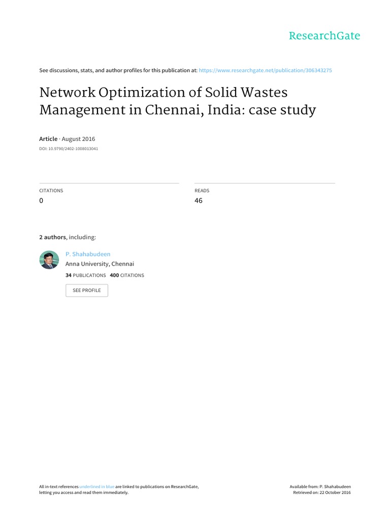 Network Optimization of Solid Wastes Management in Chennai | PDF ...