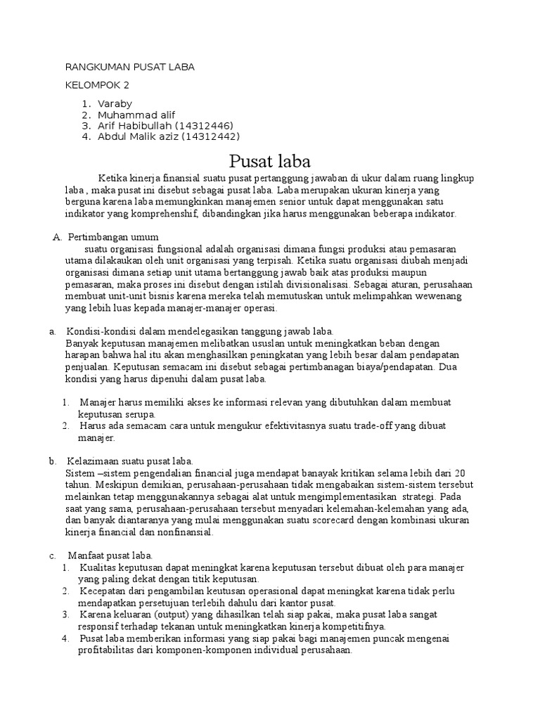 Rangkuman Pusat Laba | PDF