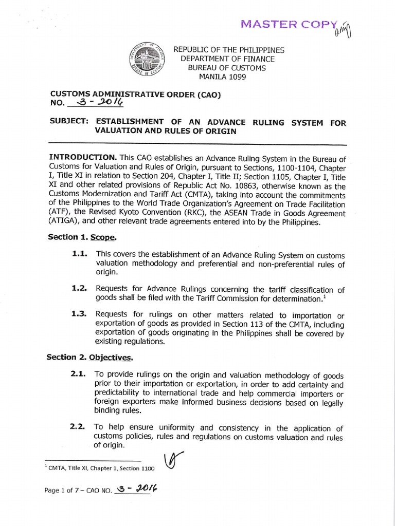 BOC CAO 03-2016 - Advance Ruling | PDF