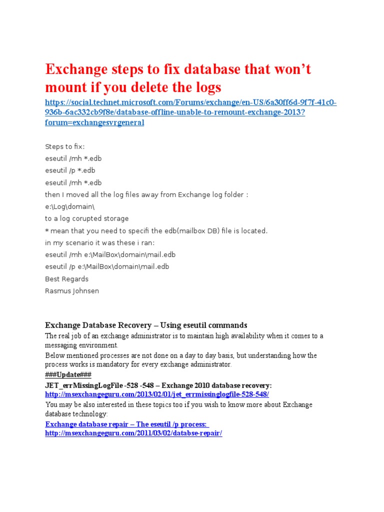 Recover Exchange Database Without Logs | PDF | Computer File | Backup