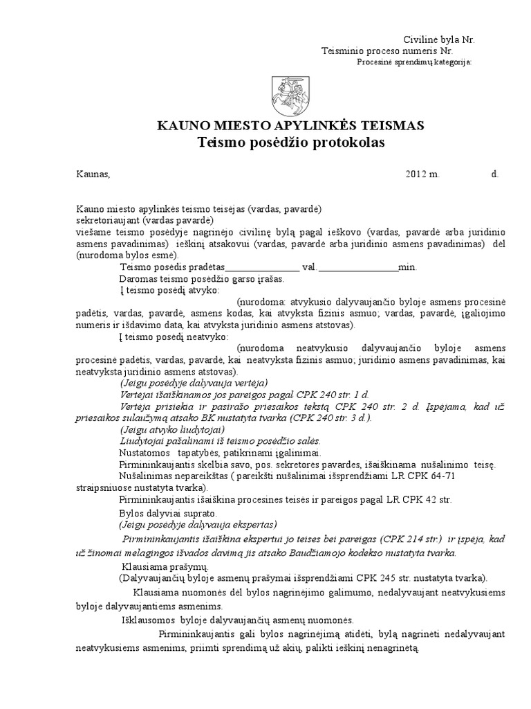 Teismo Posėdžio Protokolo Pvz