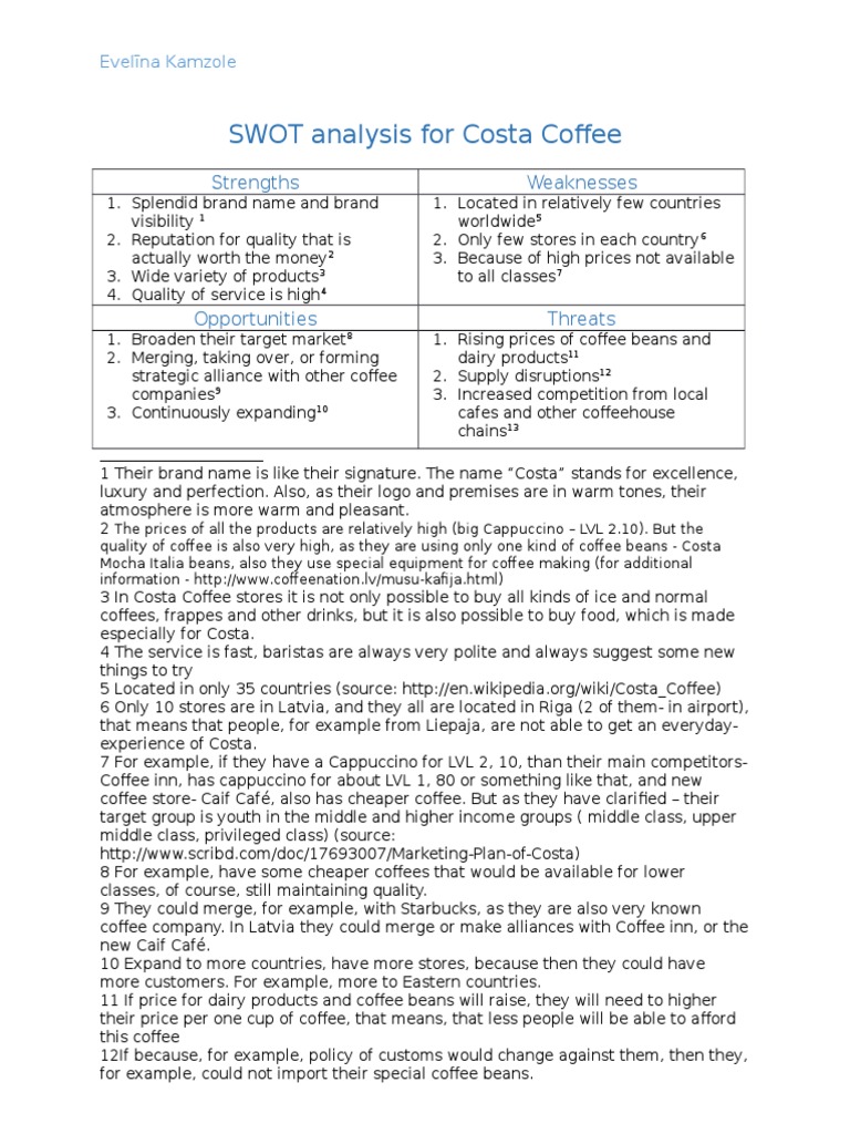 SWOT Analysis For Costa Coffee | PDF | Coffeehouse | Coffee