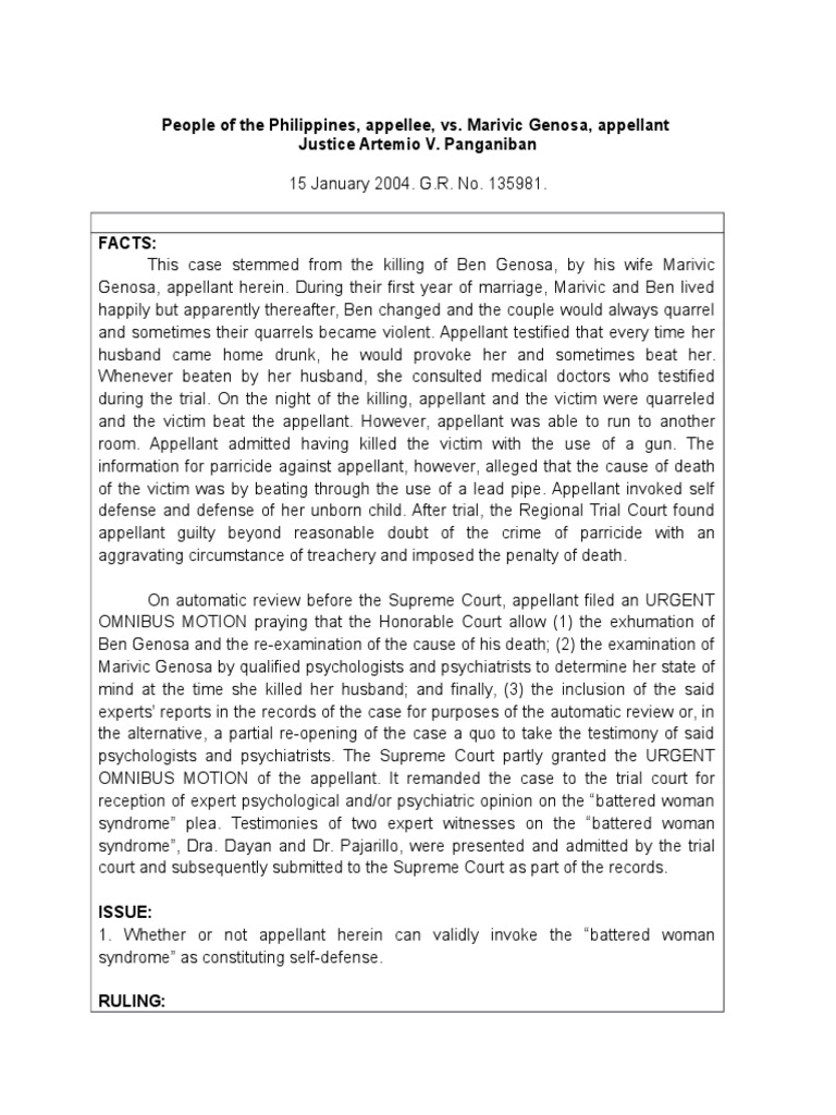 People of The Philippines, Appellee, vs. Marivic Genosa, Appellant ...