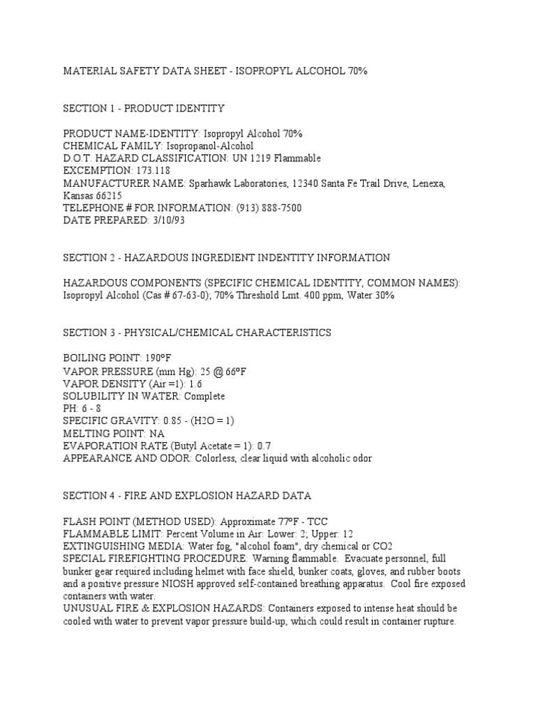 Isopropyl Alcohol 70 MSDS | PDF | Personal Protective Equipment | Water