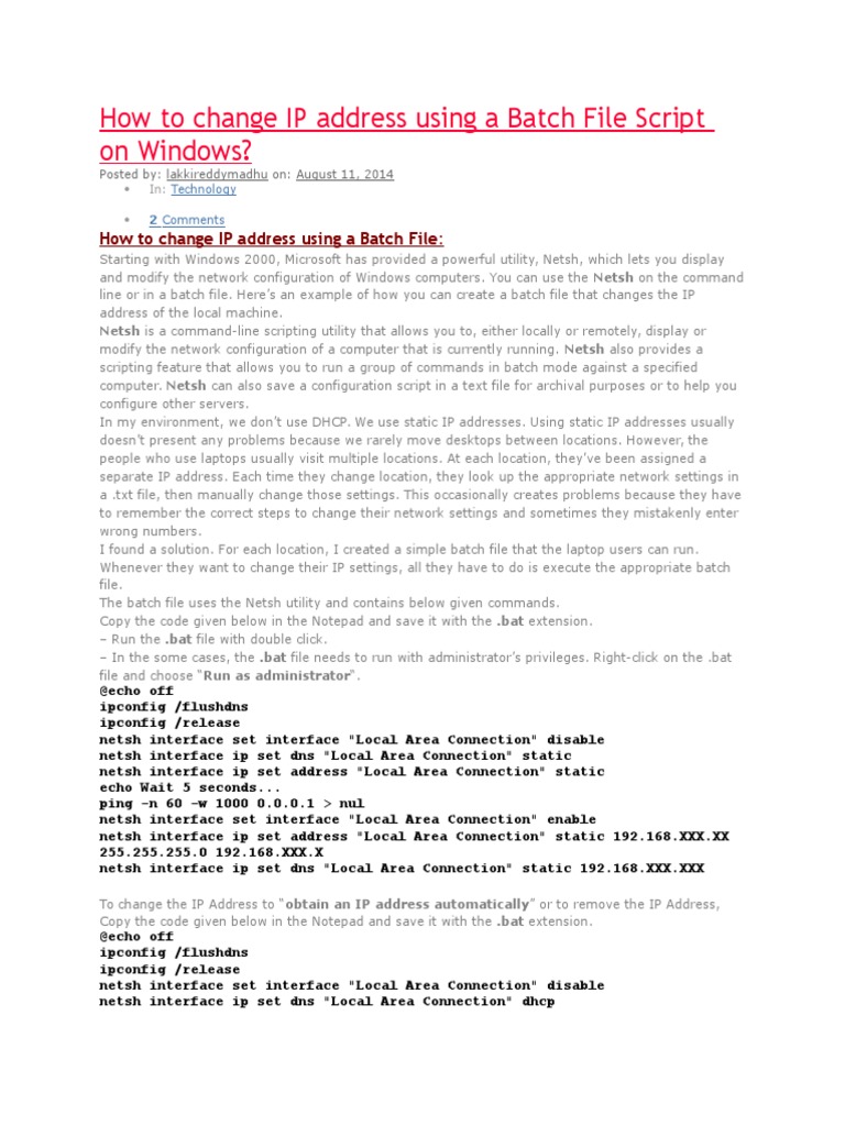 How To Change IP Address Using A Batch File Script On | Download Free PDF | Ip Address ...