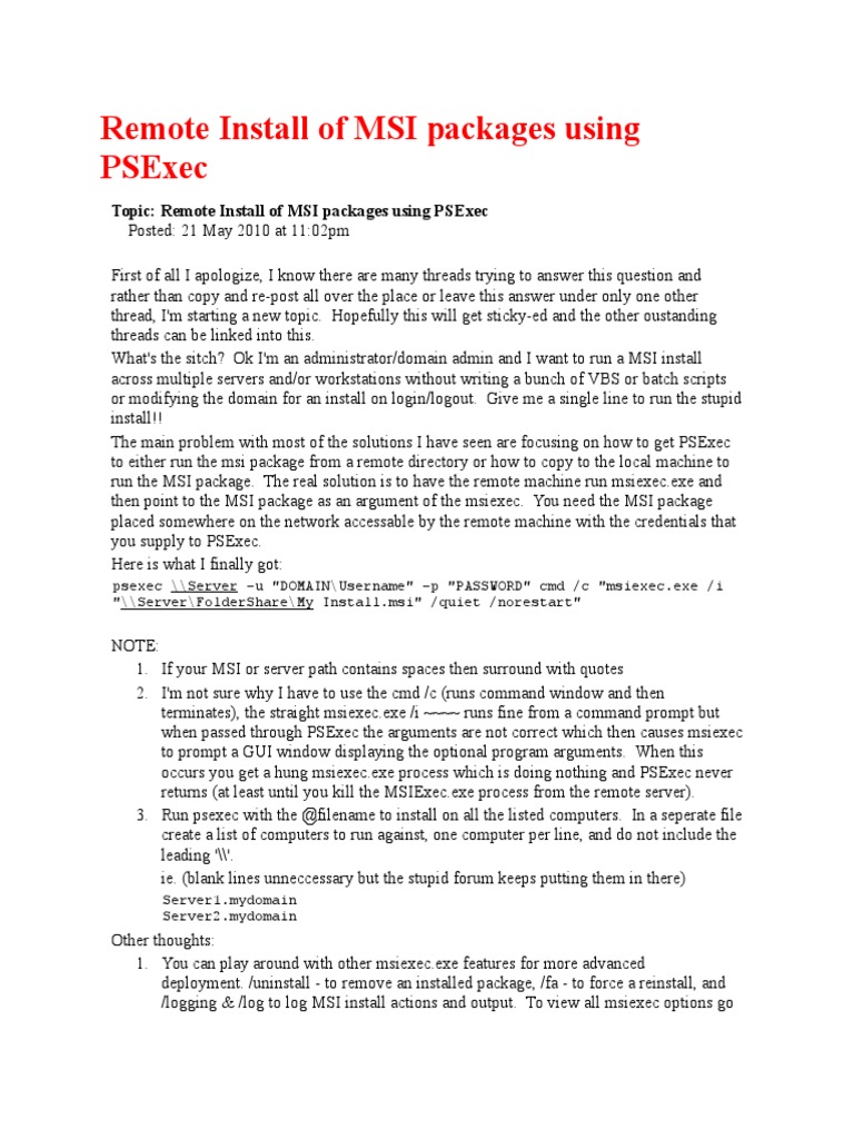 Remote Install of MSI Packages Using PSExec | PDF | Command Line Interface | Utility Software