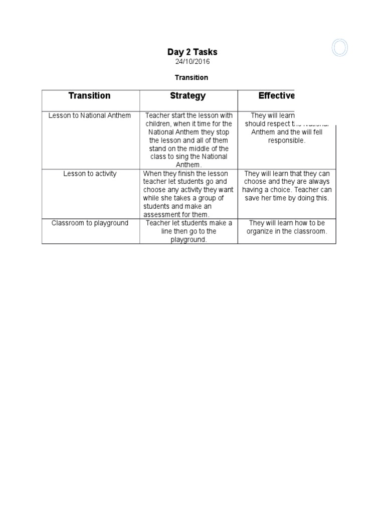 Day 2 Tasks: Transition | PDF
