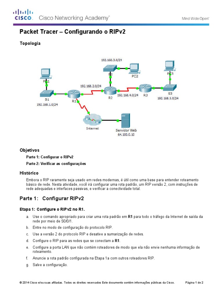 7.3.1.8 Packet Tracer - Configuring RIPv2 Instructions | PDF