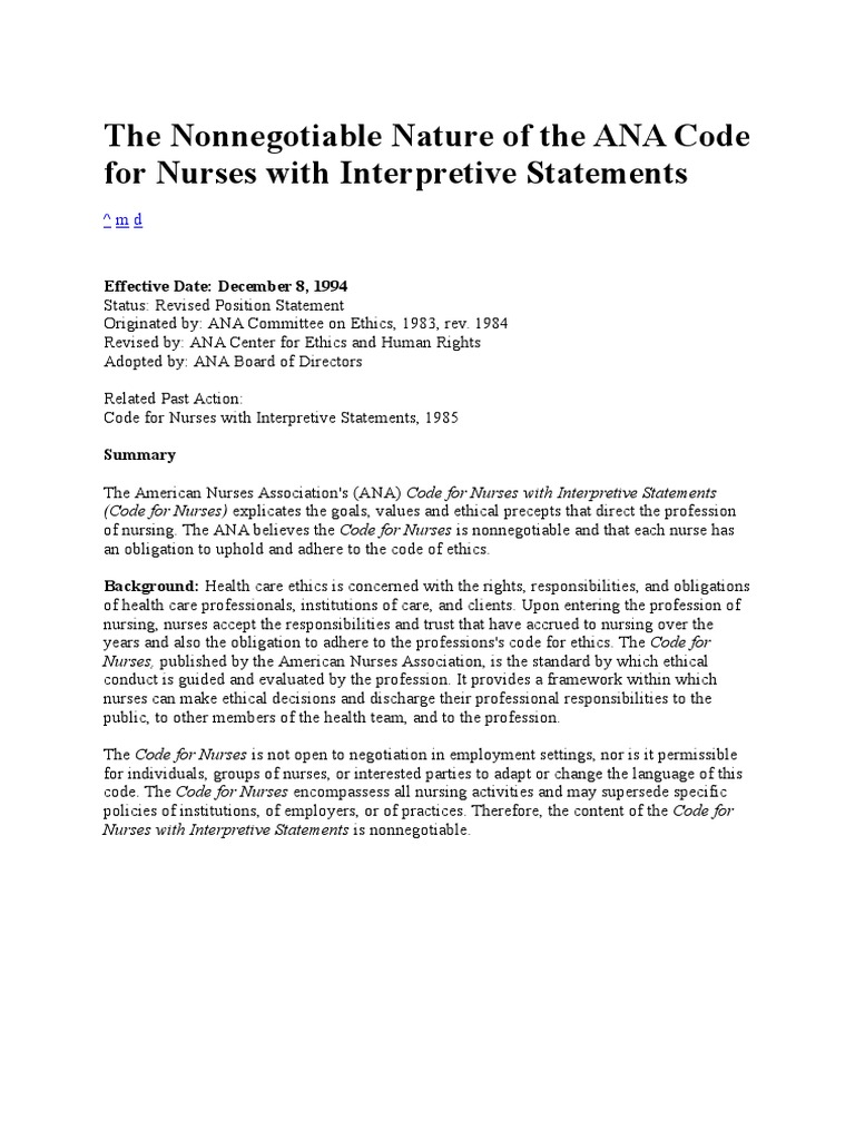 The Nonnegotiable Nature of The ANA Code For Nurses With Interpretive ...