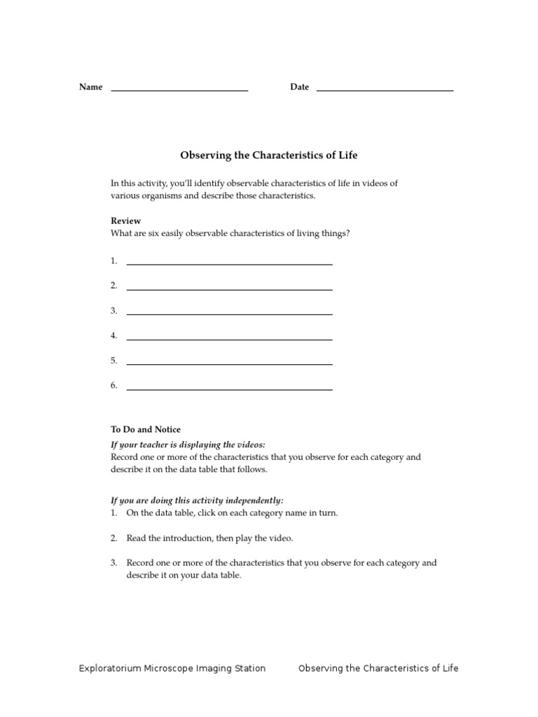 Observing The Characteristics of Life: Name Date | PDF | Science ...