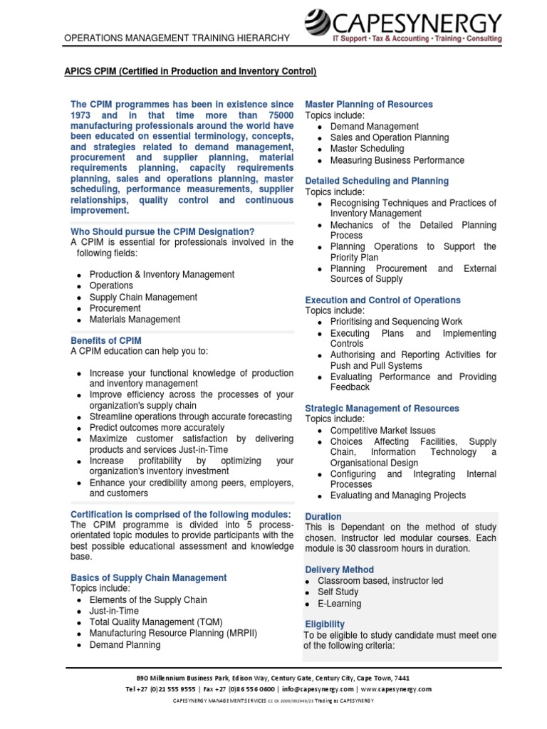 Apics Cpim | PDF | Supply Chain | Inventory