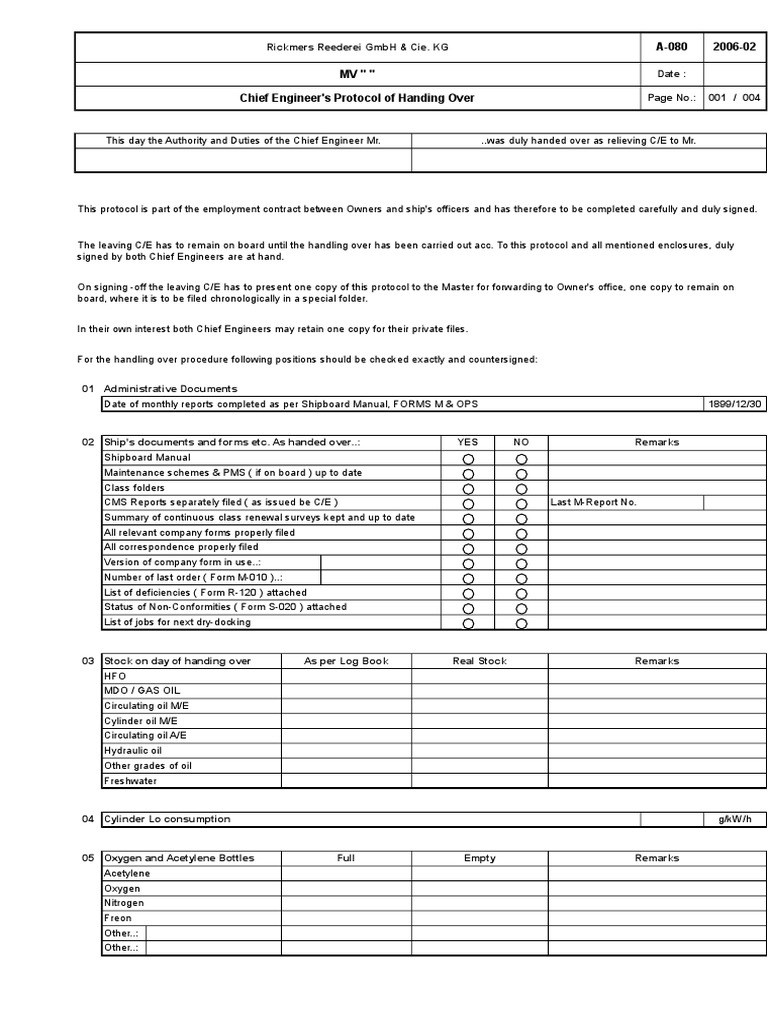 Chief Engineer Handover Protocol | PDF | Fuel Oil | Diesel Engine