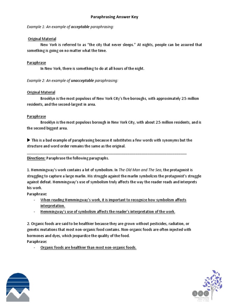 Paraphrasing Answer Key | PDF