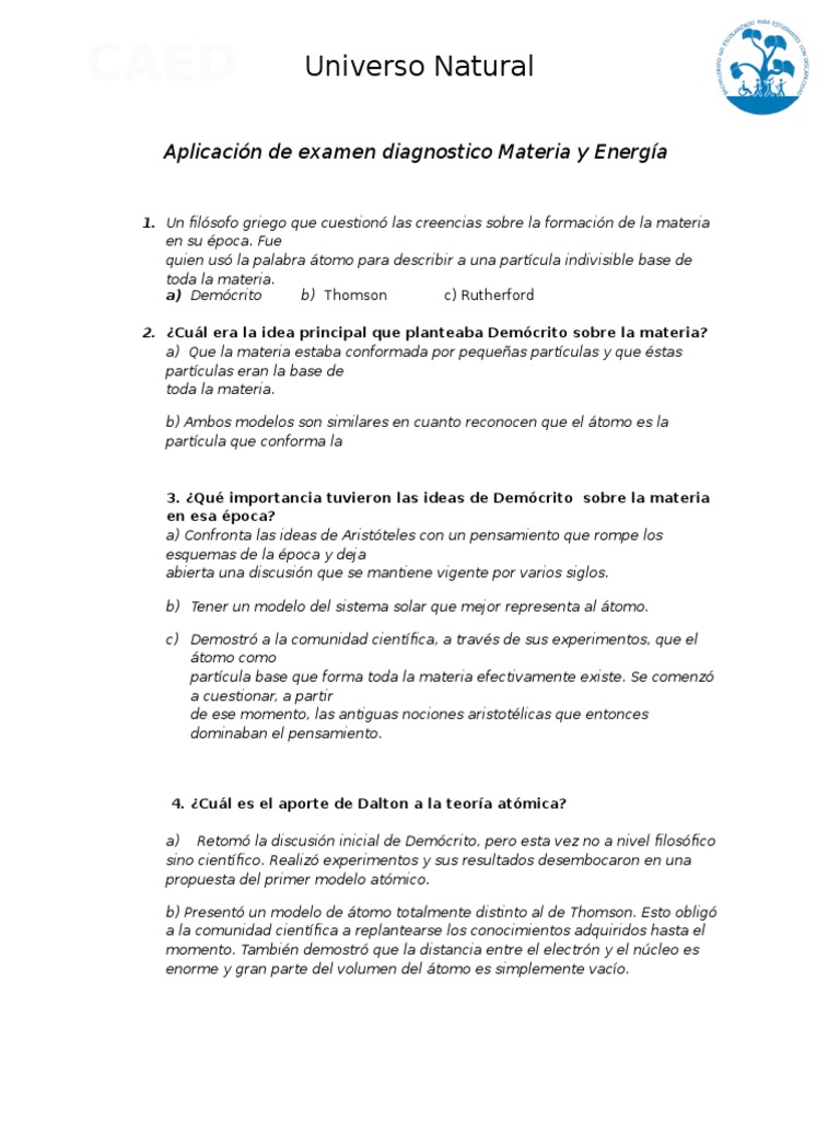 1 Aplicación de Examen Diagnostico Materia y Energía | PDF | Núcleo ...