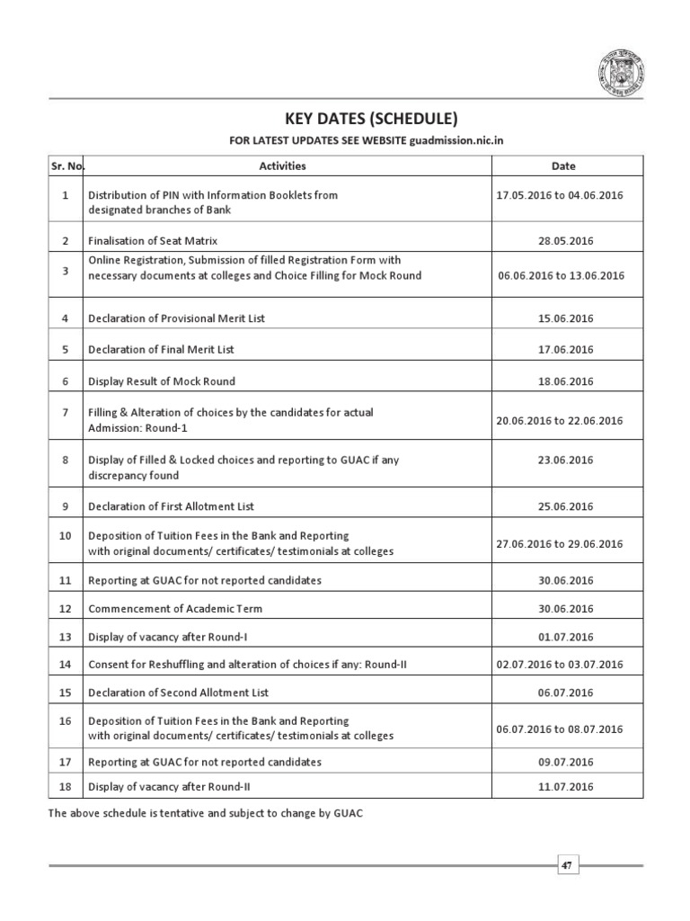 Key Dates (Schedule) : FOR LATEST UPDATES SEE WEBSITE Guadmission - Nic ...