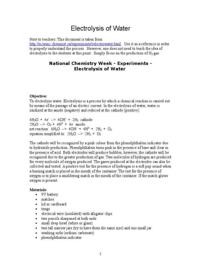Electrolysis of Water Experiment Guide | PDF | Electrochemistry ...
