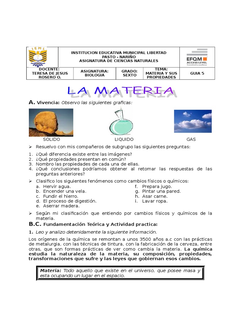 Guia 3. Materia y Sus Propiedades GRADO SEXTO | Líquidos | Elementos ...