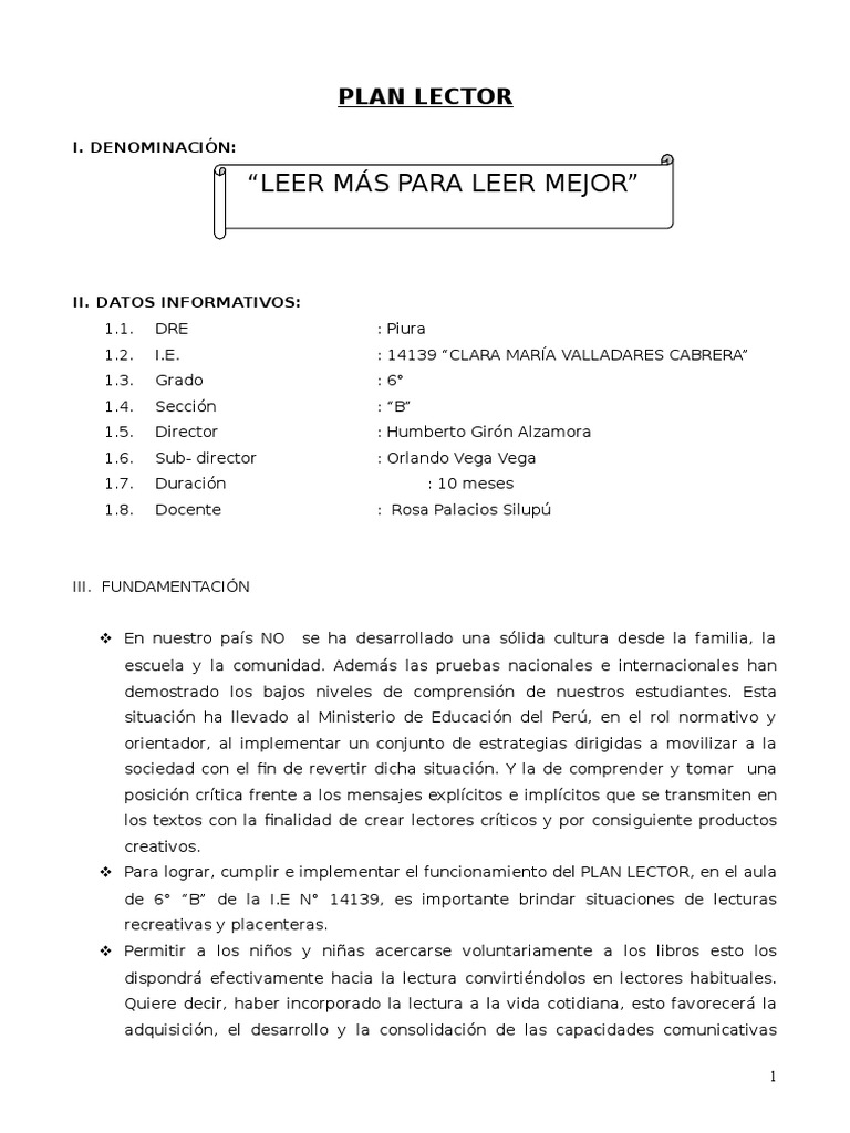 Plan Lector | PDF | Lectura (proceso) | Comprensión lectora