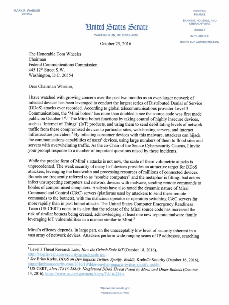 DDoS Letter To Chairman Wheeler | PDF