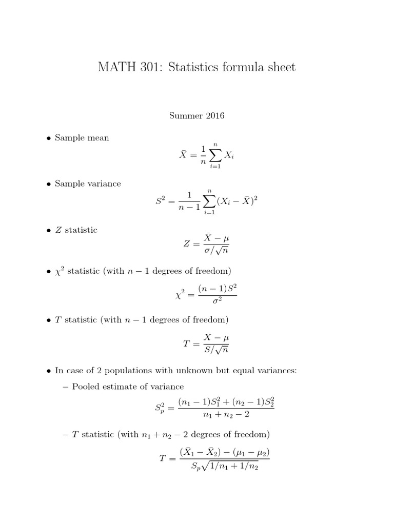 MATH 301: Statistics Formula Sheet | PDF